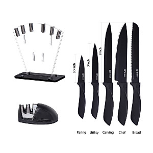 HISSF Chef Knife Set 7 Piece,Black High Carbon Stainless Steel Kitchen Knife Sets with Block Acrylic, Knife Block Set with Knife Sharpener Professional,Non Stick Coating for Rust Proof and Sharp