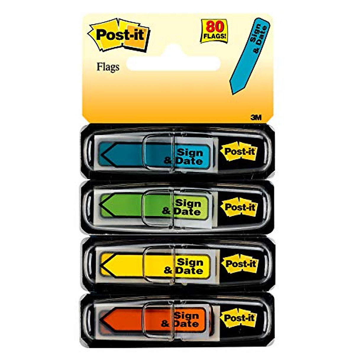 Post-it Message Flags, Sign and Date, 30/Dispenser, 4 Dispensers/Pack.47 in Wide, Assorted Colors (684-SD)