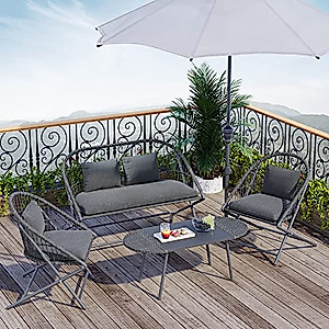 Brafab 4-Piece All-Weather Wicker Patio Furniture Set, Outdoor Furniture with Olefin Cushions, Patio Conversation Sets with Steel Frame, for Backyard Porch Deck Garden Balcony Poolside, Dark Grey
