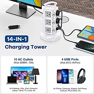 Power Strip Tower Surge Protector, Retractable Extension Cord with Multiple Outlets, 10 AC Outlets with 4 USB Ports Charging Tower, Multi Plug Outlet Extender Desktop Charging Station for Home Office