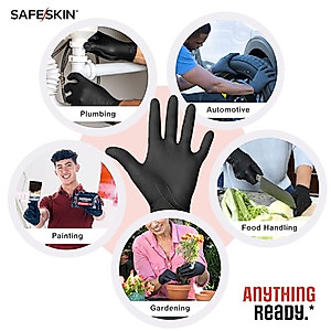 SAFESKIN Heavy Duty Nitrile Disposable Gloves, Pack of 160, Powder Free, Black - Plumbing, Gardening, Painting, Food Handling