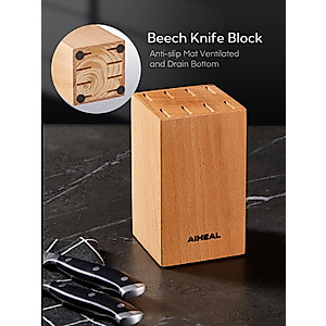 Aiheal Steak Knives Set of 8 with Beech Knife Block, 4.5 Inch Steak Knives with Unique Damascus Pattern, Non Serrated Stainless Steel Steak Knife Set, Full Tang Handle Design for Kitchen Dinner