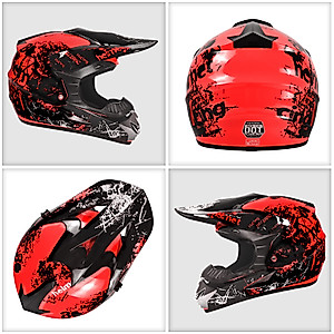 SanQing Dirt Bike Helmets Youth Motocross, Motorcycle, BMX, ATV, Off-Road, Kids Four Wheeler, Moutain Bike Helmets Dot Approved (Goggles Gloves Faceshield) (Red, Medium)