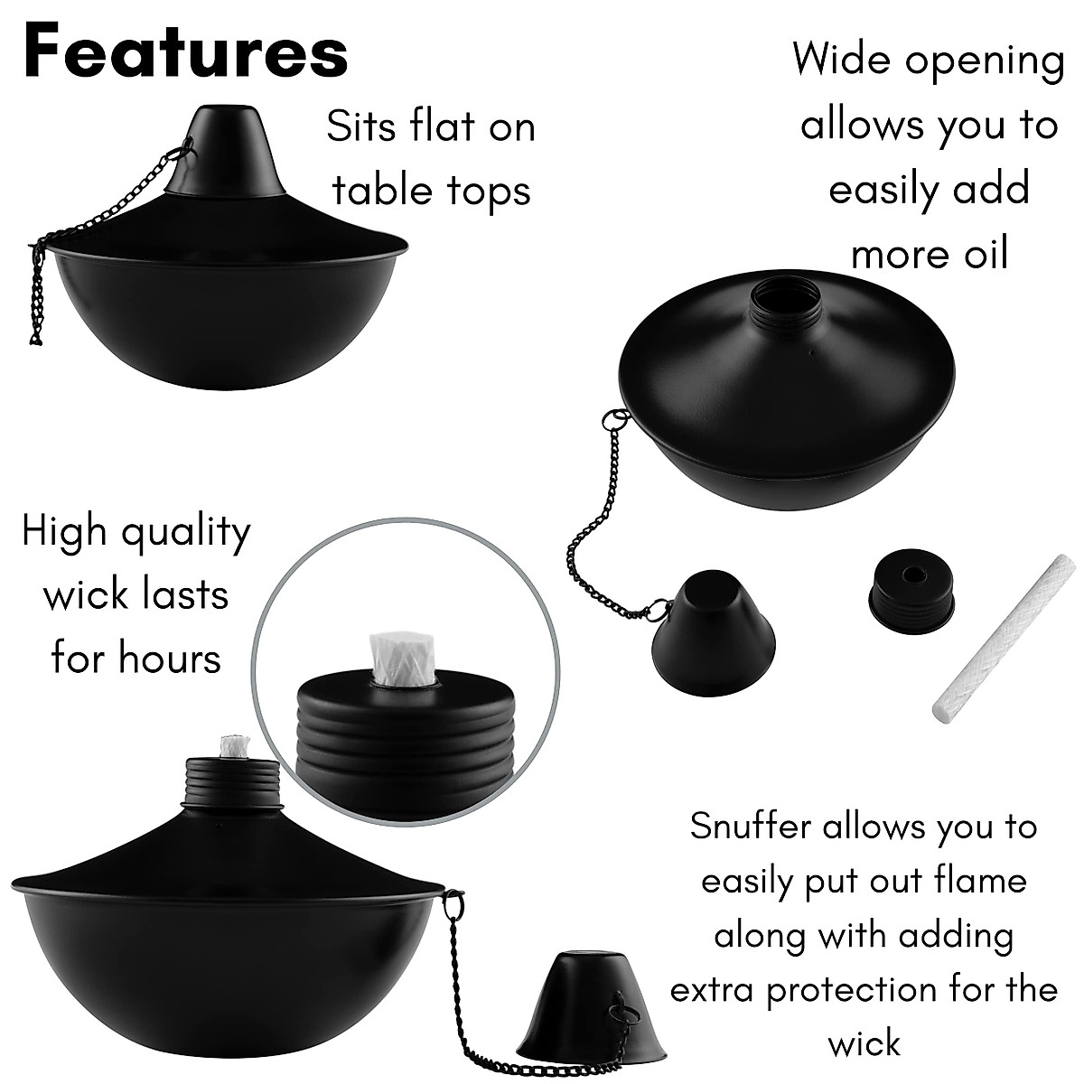 BIRDROCK HOME Tahitian Tabletop Citronella Lamp Torches - Easy Refill Metal Lanterns with Flickering Flame for Decorative Backyard, Deck & Outdoor Patio Lighting - Refillable Design - Black, Pack of 2