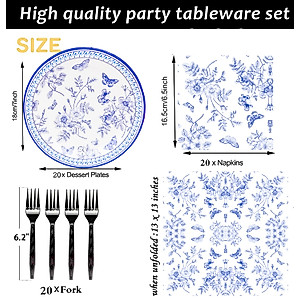 60Pcs Blue White Floral Party Supplies Flower Tableware Set 7"Blue and White Paper Plates and Blue White Floral Napkin Fork for Bridal Shower Wedding Tea Party Floral Birthday Party Decoration Serve20