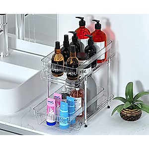 2 Tier Clear Pull Out Organizers and Storage - Snack Organization for Pantry w Lids/Dividers, Slide-Out Under Sink Organizer for Bathroom and Kitchen, Cabinet/Countertop Acrylic Drawers Medicine Bins