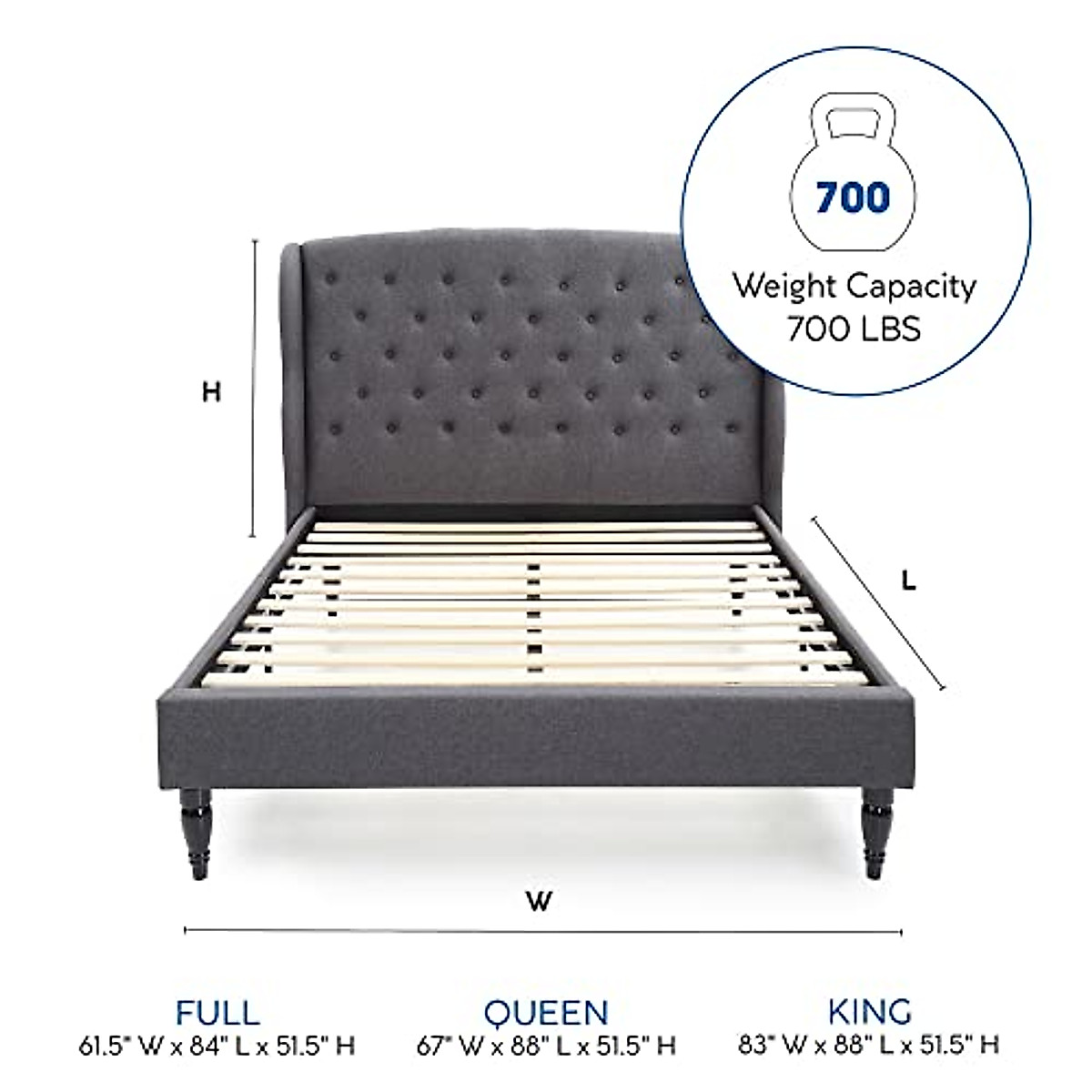 DeCoro Coventry Upholstered Platform Bed | Headboard and Metal Frame with Wood Slat Support | Grey, Queen Size