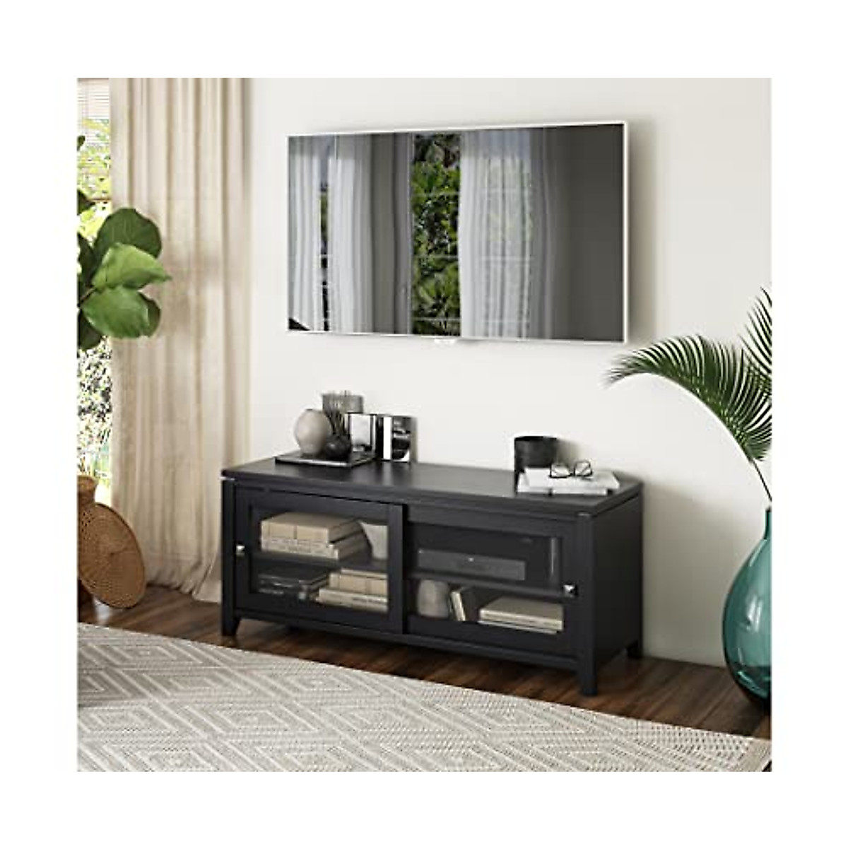 SIMPLIHOME Cosmopolitan SOLID WOOD 48 Inch Wide Contemporary TV Media Stand in Black for TVs up to 55 Inch, For the Living Room and Entertainment Center