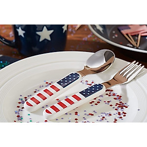 Annova Kids Silverware 6 Pieces Stainless Steel Children's Flatware Set 3 x Forks, 3 x Dinner Spoon Plastic Handle, Toddler Utensils Without Knives, for Babies, Infants BPA Free (US Flag)