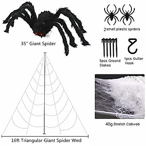 Halloween Spider Web Decoration Outside 16ft + Giant Spider 35" + Stretchy Dense Spider Silk Rope and 2 Small Spiders Triangular Huge Spider Web for Yard Outdoor