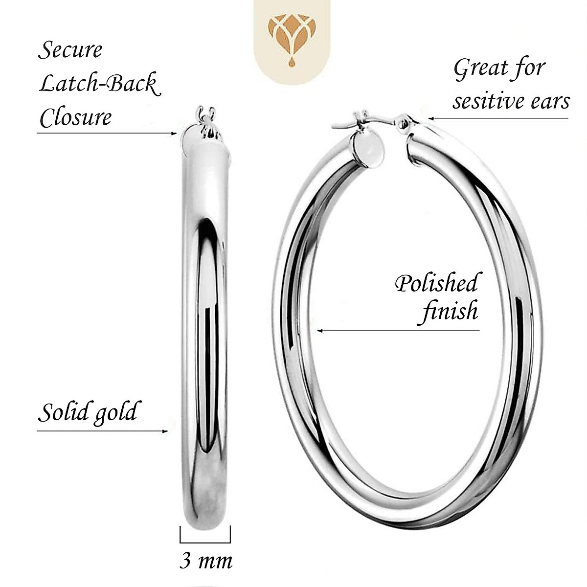 14k REAL Yellow Gold 50MMx3.00MM Thickness Classic Polished Round Tube Hoop Earrings with Snap Post Closure For Women