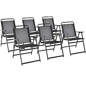 Tangkula Outdoor Folding Chairs Set of 6, Patio Dining Chairs with Breathable Seat & Cozy Armrests, Heavy-Duty Metal Frame, Portable Lawn Chairs for Backyard, Porch, Camping (6, Black)