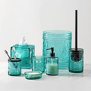 5PCs Teal Blue Glass Bathroom Accessories Set with Decorative Pressed Pattern - Includes Hand Soap Dispenser & Tumbler & Soap Dish & Toothbrush Holder & Tissue Box Holder (Teal Blue)
