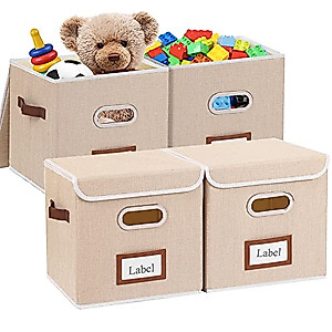 Yawinhe 4 Packs Storage Boxes, 11 x 11 x 11 Inch Storage Cubes, Storage Bins Organizer Containers with Dual Leather Handles for Home Bedroom Closet Office (Beige, 4-Pack)