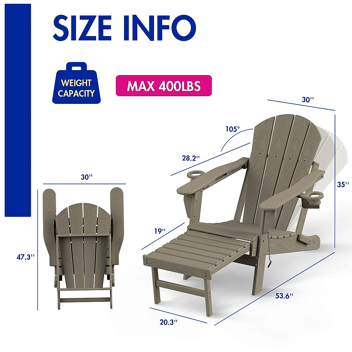 BRIOPAWS Folding Adirondack Chair with Adjustable Backrest & Ottoman, Wood Texture All-Weather HDPE Outdoor Chairs w/Cup Holders & Retractable Footrest for Poolside, Fire Pit, Campfire, Light Brown