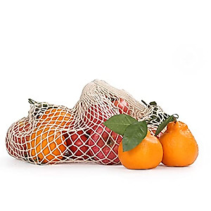 Lechmornine 3-pack cotton storage net bags, Reusable shopping bags, Premium mesh Grocery bags, Portable/washable/Durable string bags with Short Handle for Fruits, Vegetables, some balls, Beige