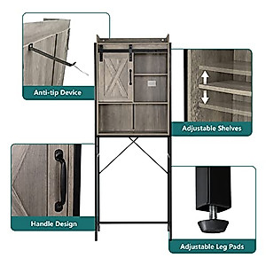 VINGLI Rustic Over-The-Toilet Storage Cabinet, Farmhouse Sliding Barn Door Bathroom Rack Space Saver Oragnizer w/Adjustable Shelves and Steel Frame (Wash Grey)