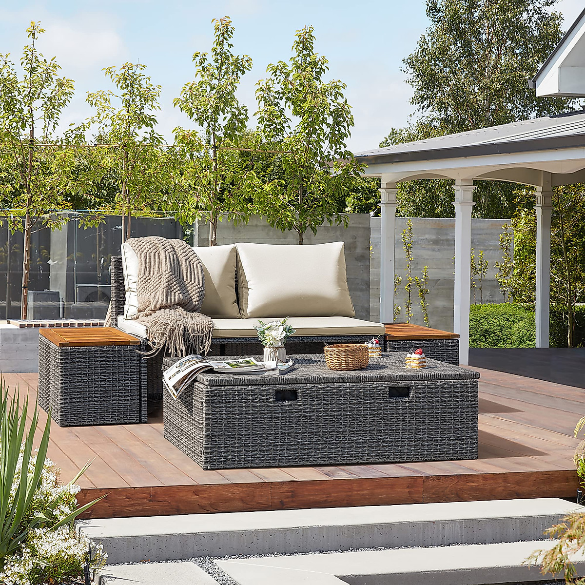 Devoko Outdoor Daybed Set Multifunctional Patio Day Bed Rattan Lounge Bed with 2 Side Tables for Backyard Porch Poolside Lawn Beach (Beige White)