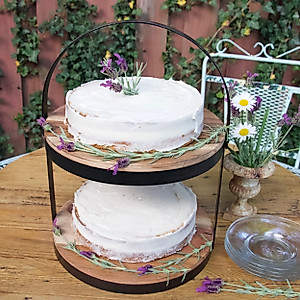 BIRDROCK HOME 2-Tier Cupcake and Cake Stand with Handle - Wood Iron Dessert Serving Tray - Rustic Farmhouse Dessert Stand - Modern Party Tiered Server - Table Kitchen Home Display - Round