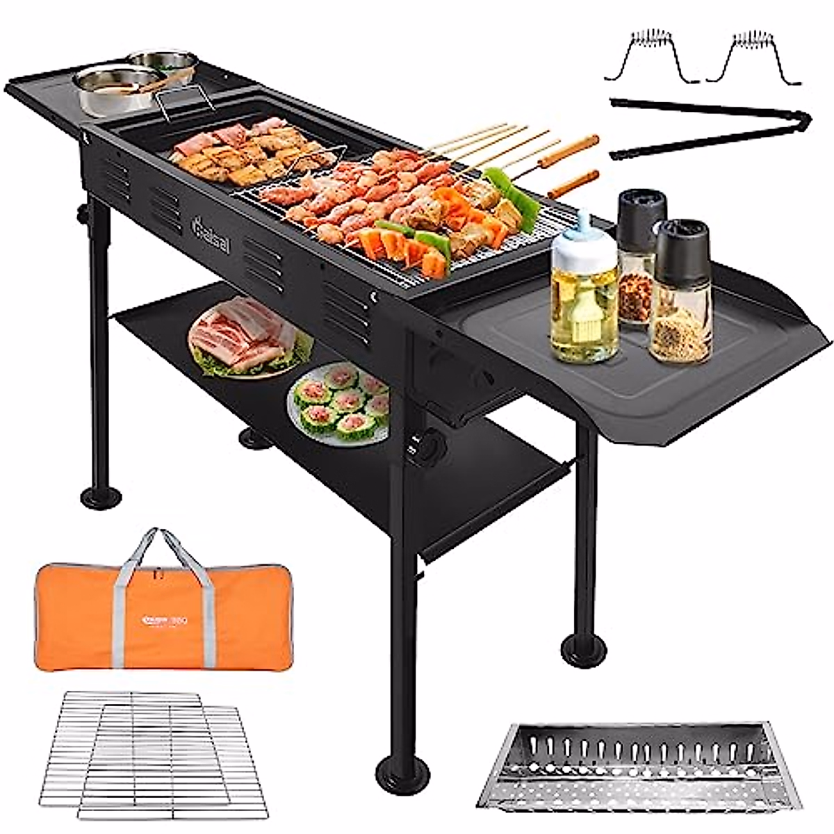 Baisal Portable Charcoal Grill for Outdoor BBQ, Foldable Camping Barbecue Hibachi Kabob Grills, 1.6 Ft² Barbecue Area Binchotan Grill with Shelf Carbon Tank and Carry Bag for Backyard Party Travel Picnic Home