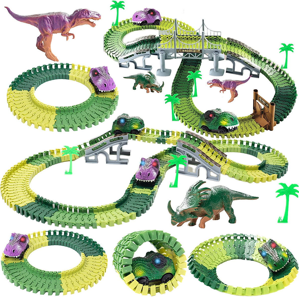 TOYLI Dinosaur Race Track Set 182 Pieces, Dino Track Flexible Dinosaur Road Race Playset with Bridge, Ramps, Dinosaur Track Toy Set is a Great 3 Year Old boy Gift.