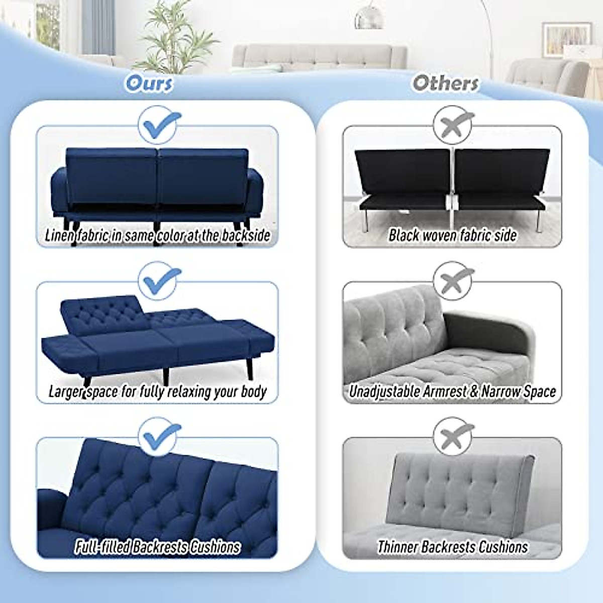 ACMEASE 70” Linen Fabric Futon Sofa Bed with Adjustable Backrests, Tufted Sleeper Couch with Convertible Armrest, 82” Extendable Loveseat Sofa with 2 Pillows for Living Room, Bedroom, Blue