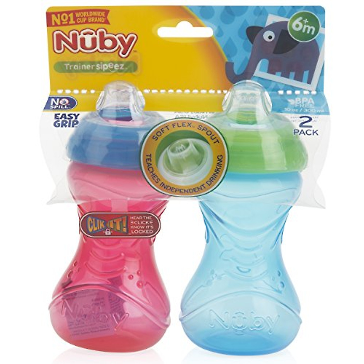 Nuby 2-Pack No-Spill Easy Grip Clik-It Cups, 10 Ounce, Colors May Vary