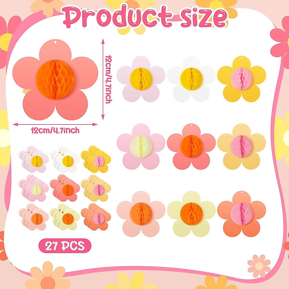 Shappy 27 Set Daisy Flower Honeycomb Balls Decorations Daisy Flower Hanging Ceiling Sign Retro Groovy Decor Hippie Boho Party Supplies for Themed Party Birthday Bridal Shower