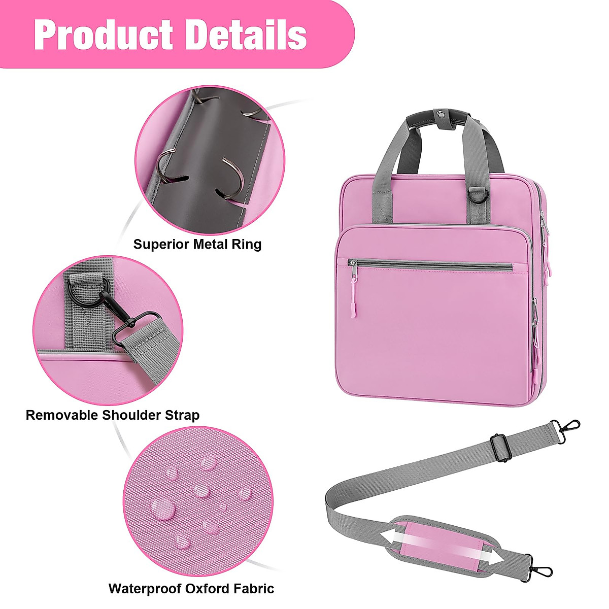 Betoores Zipper Binder, 3 Ring 2 Inch School Binder, 500 Sheet Capacity Binder with Zipper for Girl and Boy, Compatible with 13-Inch MacBook, Handle and Shoulder Strap Included (Pink)