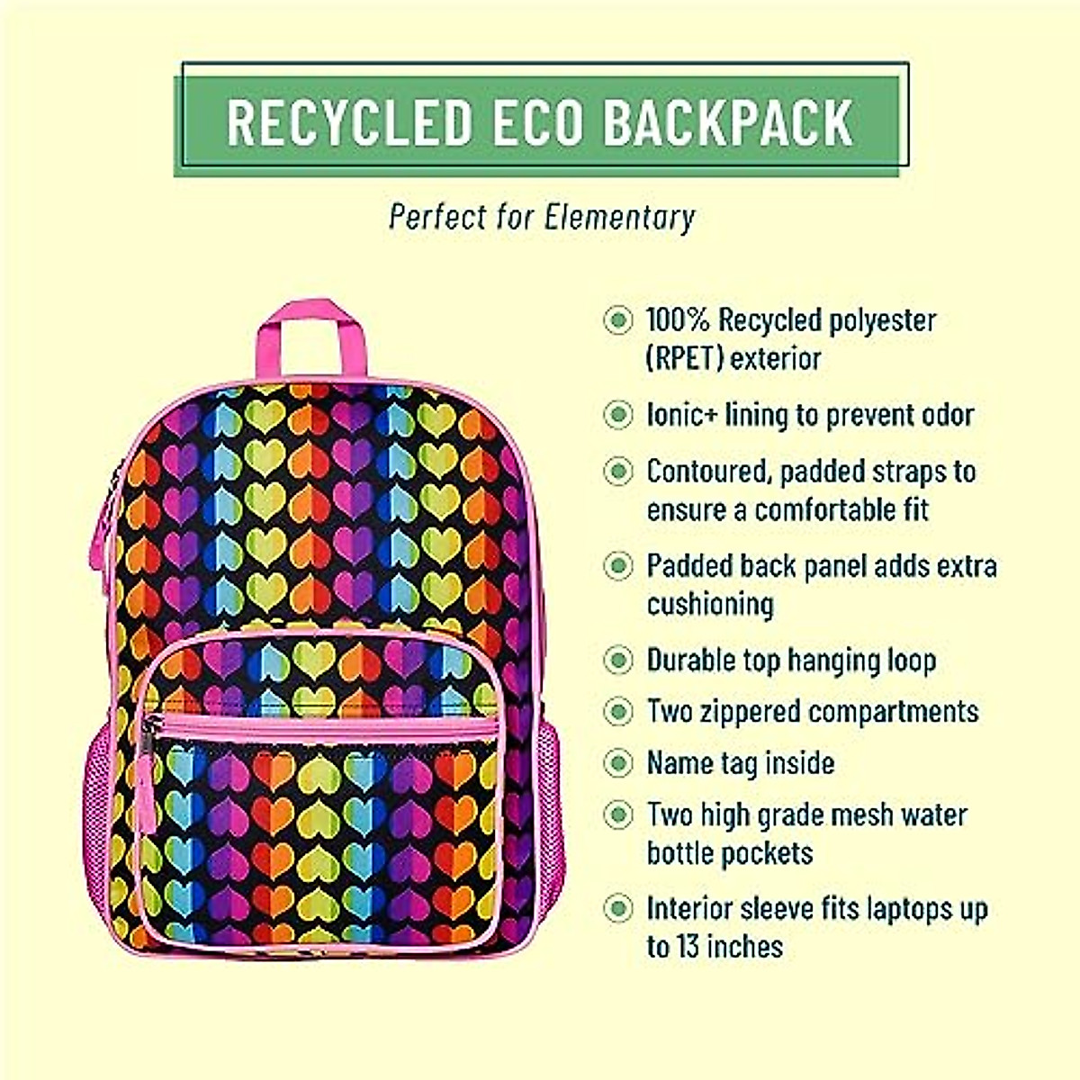 Wildkin Kids Eco Backpack for Boys & Girls, Perfect for Elementary Recycled Backpack, Features Padded Back & Adjustable Strap, Ideal for School & Travel Backpacks for Kids (Rainbow Hearts)