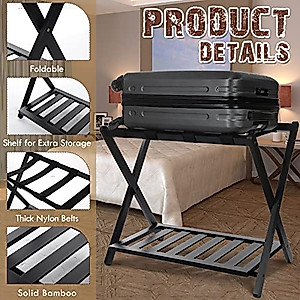 6 Pcs Folding Luggage Racks with Storage Shelf Foldable Suitcase Racks Bamboo Luggage Rack Suitcase Stand with Nylon Straps Strong Bearing Capacity Luggage Holder for Bedroom Guest Room Hotel, Black