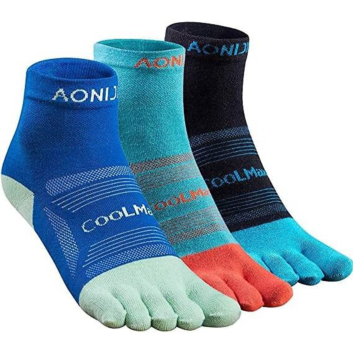 AONIJIE Running Ankle Toe Socks for Men and Women Lightweight Coolmax High Performance Five Finger Athletic Socks(3 Pairs/E: Black, Turquoise, Blue,M)