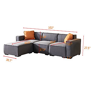 LCH Faux Leather Fabric Reversible 4 Seater Sectional Couch with Storage, Modular Sofa L Shape with Convertible Ottoman Chaise, Grey