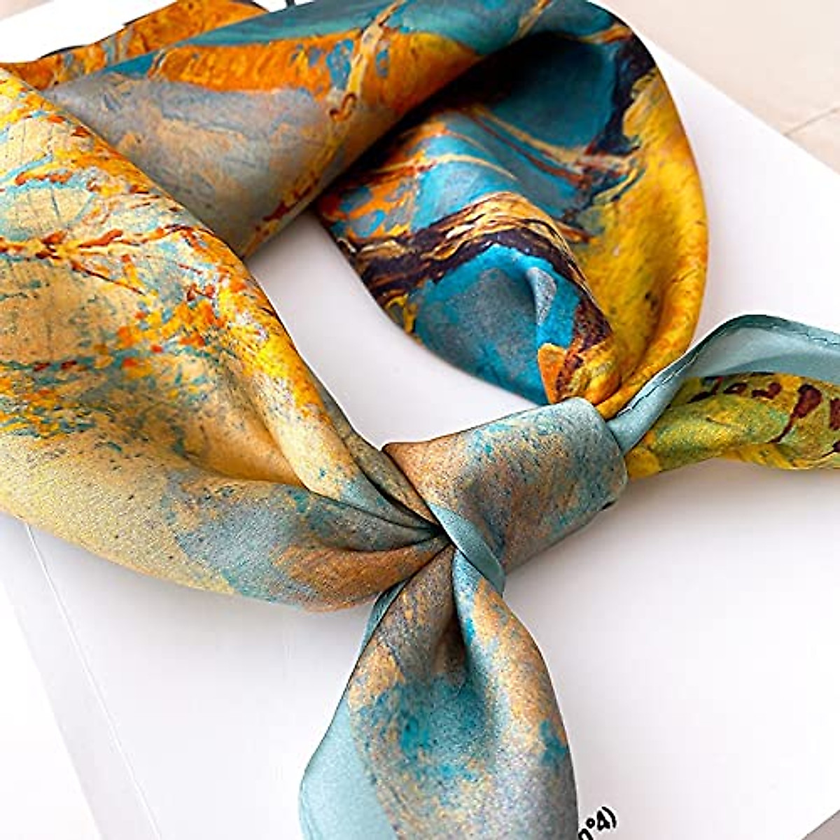 PoeticEHome 100% Real Mulberry Silk Women Small Square Neck Scarfs 21" Lightweight Neckerchief Printed Headscarf Gift Packed (U1 - Painting)