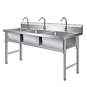 3 Compartment Restaurant Kitchen Prep & Utility Sink,Free Standing Stainless-Steel Three Bowl Kitchen Sink,Free Standing Utility Sink For Garage,Restaurant,Kitchen,Laundry Room(Thick0.8mm)