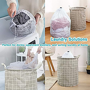 17-Inches Collapsible Laundry Baskets - Clothes Hampers for Laundry - Cotton Linen Laundry Bin w/ Waterproof Lining and Drawstring, Medium