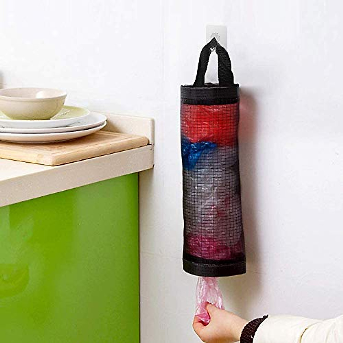 Plastic Bag Holder, Hanging Folding Mesh Garbage Bag for Home and Kitchen Plastic Bag Storage (Black 2 Pack)