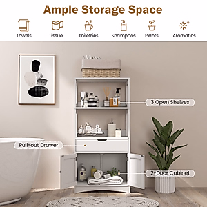 GLACER Large Bathroom Floor Cabinet, Freestanding Multipurpose Storage Cabinet with Drawer, 2 Open Shelves and Door Cupboard for Bathroom, Kitchen or Living Room, 24 x 13 x 48 inches (White)