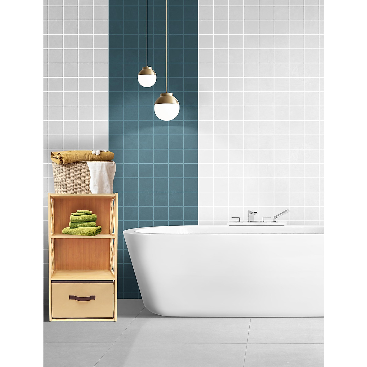 RoyalHouse Bamboo Storage Cabinet with Basket, 3-Tier Open Shelf, Cabinet for Bathroom, Living Room, Bedroom, Kitchen,Office