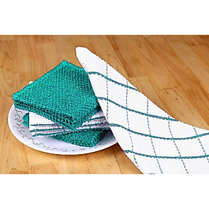 AMOUR INFINI Super Saver Bundle Pack of 4 Terry Dish Towels + 8 Dish Cloths | Ultra Soft and Absorbent Kitchen Towel & Dishcloth Combo | 100% Cotton Dishtowels for Washing Up | Teal