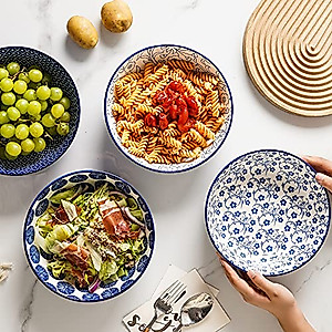 Selamica Ceramic 30 Ounce Large Pasta Bowls 8 inch Serving Bowls Wide and Shallow Microwave Dishwasher Safe Bowls Set of 4, Vintage Blue