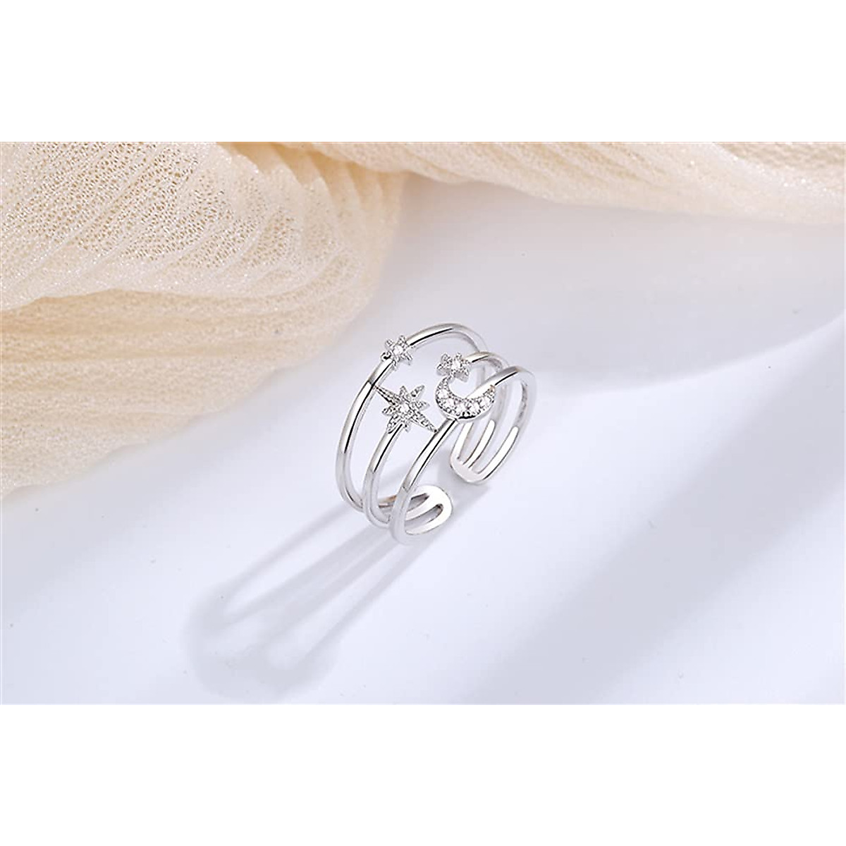 CZ Crescent Moon Star Multi Layered Small Open Rings for Women Girls Shiny Cubic Zirconia Stacking Statement Promise Finger Knuckle Pinky Rings for Wife Girlfriend Anniversary Bff Birthday Xmas