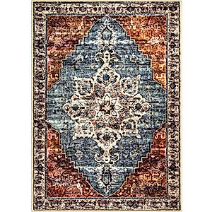 COLORPAPA Area Rug 5x7 Machine Washable Rugs Boho Living Room Rug Non-Slip for Bedroom Dinning Room Kitchen Hallway Blue Taupe Carpet