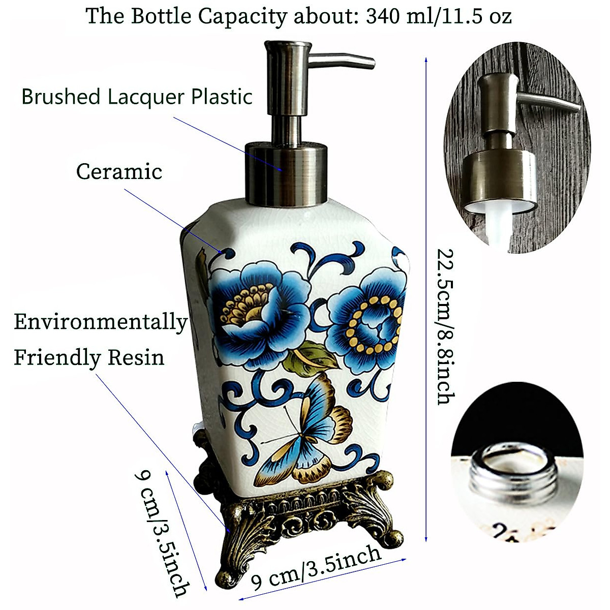 Kelake Ceramic Soap Dispenser - 12 oz Ice Crack Ceramic Liquid Hand Soap Dispenser with Removable Pump, Refillable Modern Classical Palace Style Dish Soap Dispenser for Bathroom and Kitchen