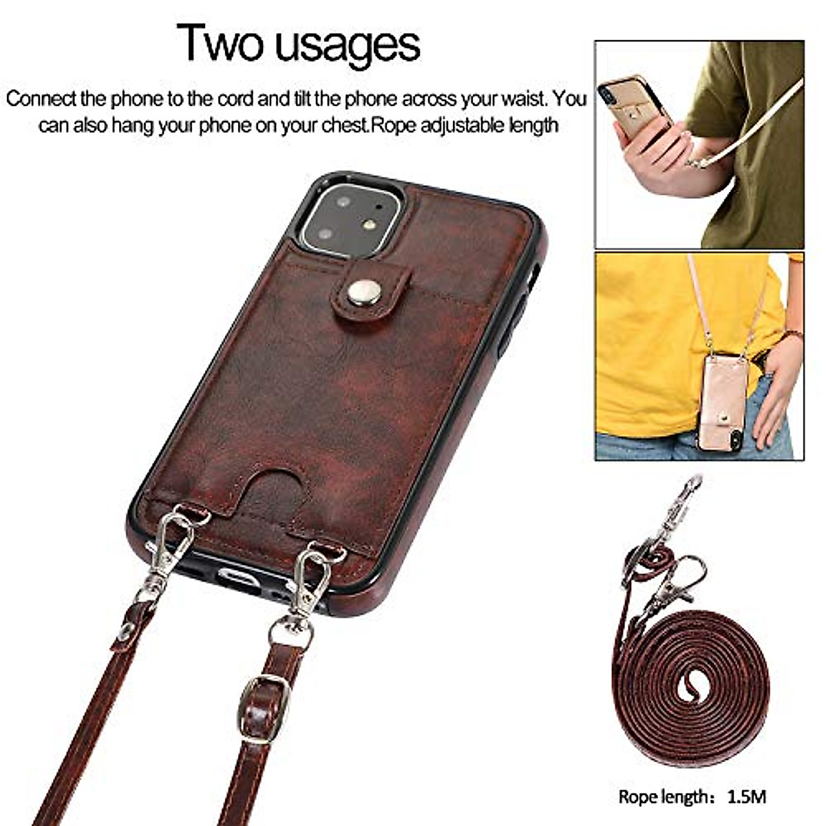 Jaorty PU Leather Wallet Case for iPhone 11 Necklace Lanyard Case Cover with Card Holder Adjustable Detachable Anti-Lost Neck Strap for Apple iPhone 11 6.1",Brown