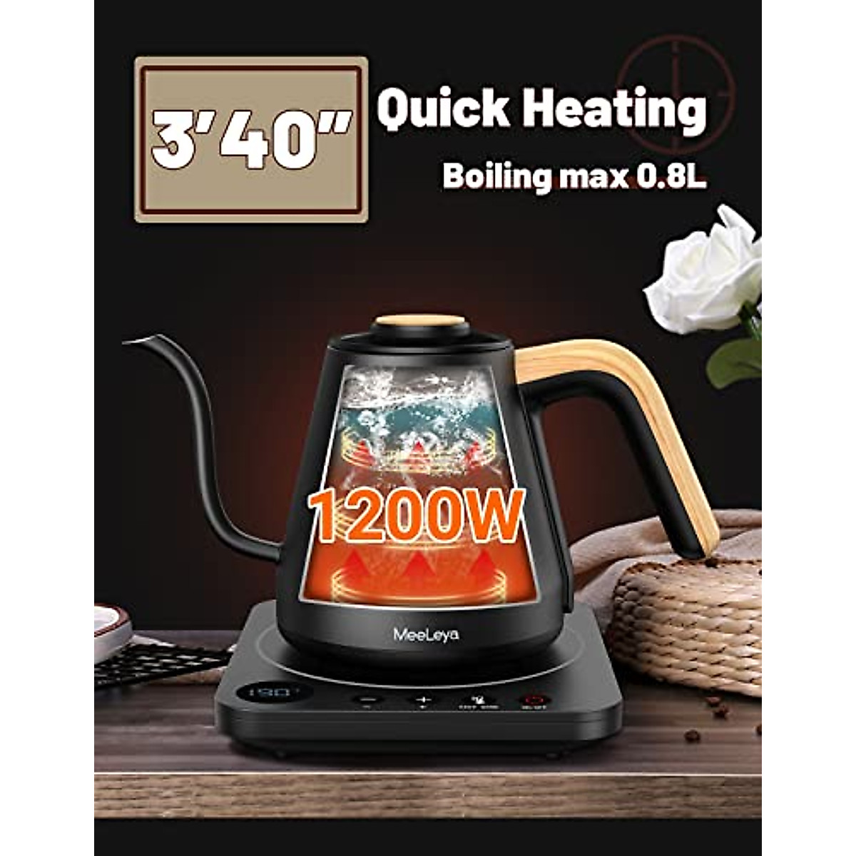 MeeLeya Electric Gooseneck Kettle with Variable Temperature Control, Pour Over Kettle for Coffee and Tea, Electric Kettle 1200 Watt, 0.8L (Black)