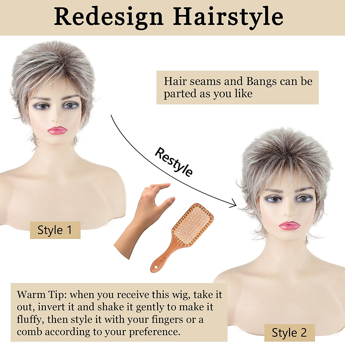 TISHINING Layered Short Blonde Pixie Wigs for White Women Dark Brown Ombre Blonde Pixie Cut Wig with Bangs Synthetic Natural Looking Daily Party Wig