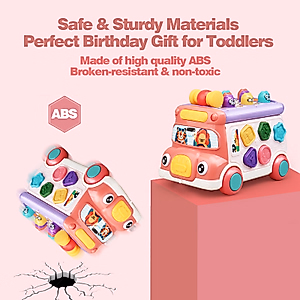 Music Activity Bus Baby Toy, Infant Education Learn Car, Sound & Light, Interactive Game, Shape Sorter, Animal Matching, Holiday Birthday Present for Toddler Kid Boy Girl 3 4 5 6 7 Years (Pink)