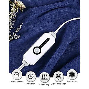Electric Heated Blanket, 72" x 84" Full Size with 4 Heating Levels, 10H Auto Shut Off, Soft Fleece Warm Heated Blanket, Fast-Heating & Machine Washable - Blue