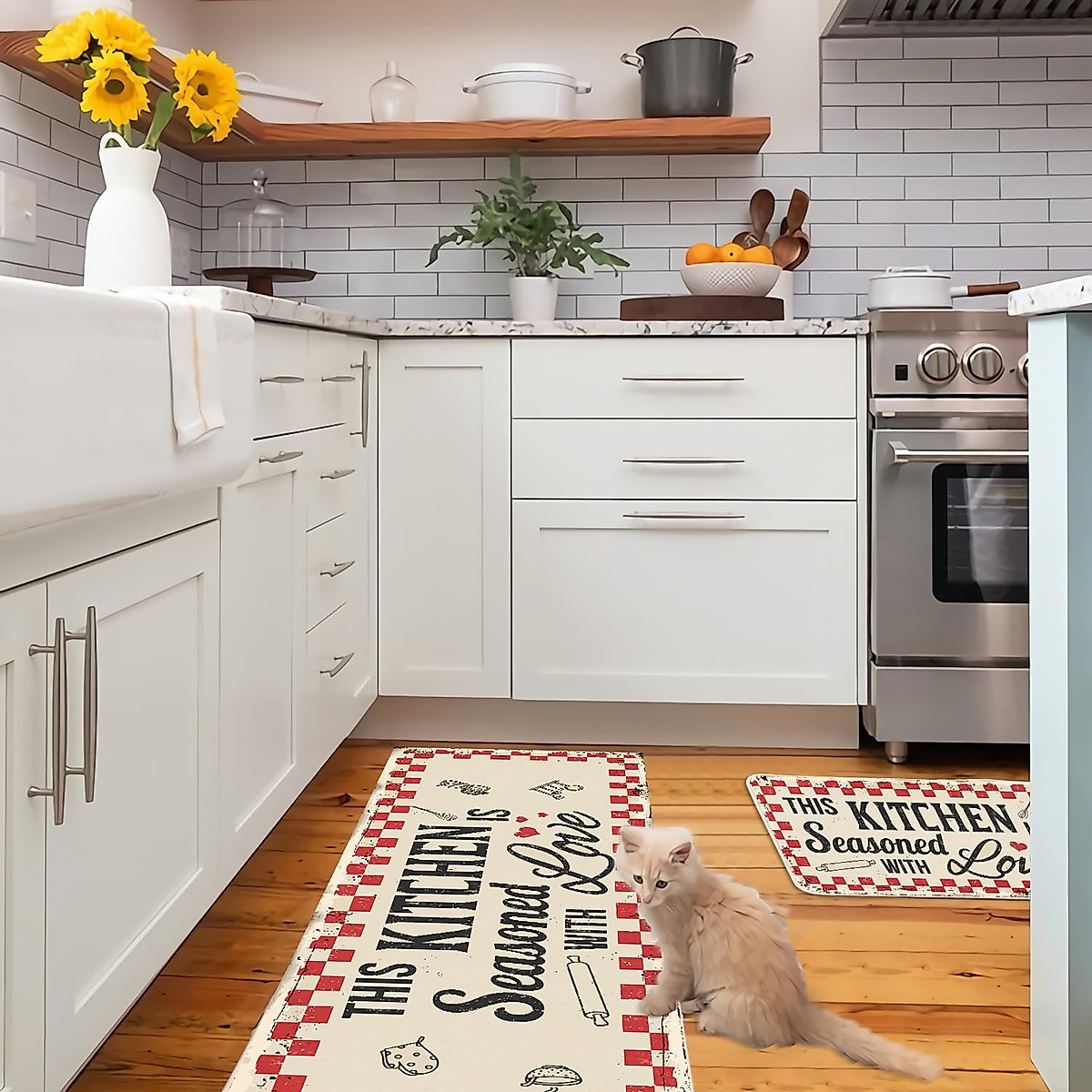 YOUWOUS The Kitchen is Seasoned with Love Kitchen Mats Set of 2-17x29 and 17x47 Inch, Decorative Non Slip Backing Floor Mat for Home Kitchen Red